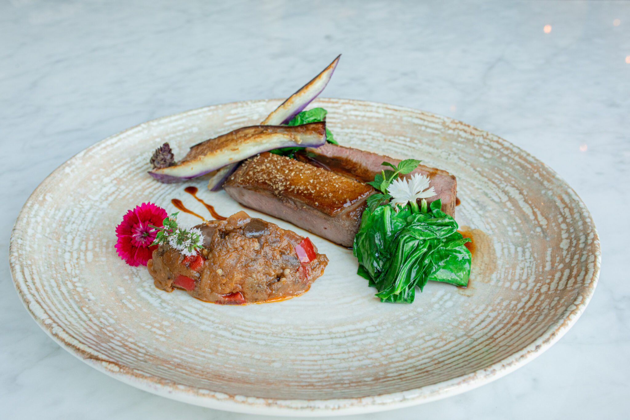 Rohan Duck Breast with Pomegranate Jus, Charred Eggplant Purée and ...